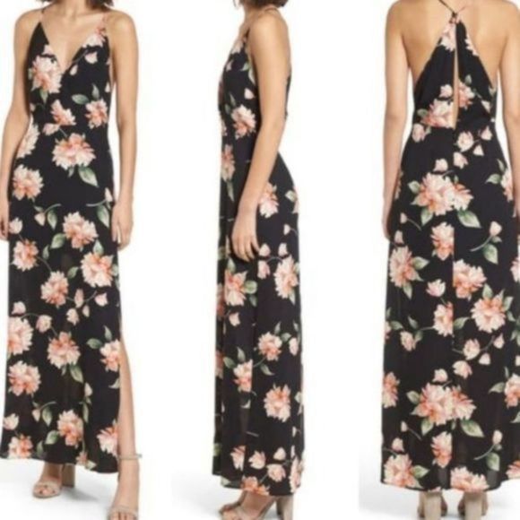 Anthropologie | Dresses | Blackfloralspaghetti Strap Deep V Keyhole ...
